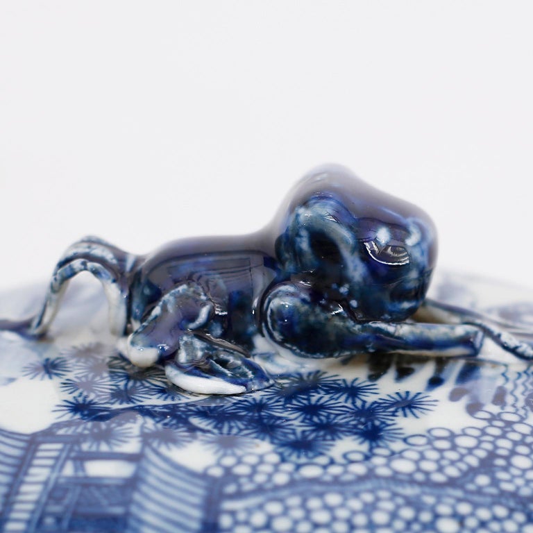 Pair of Blue and White Porcelain Pots with Pagodas For Sale at 1stDibs