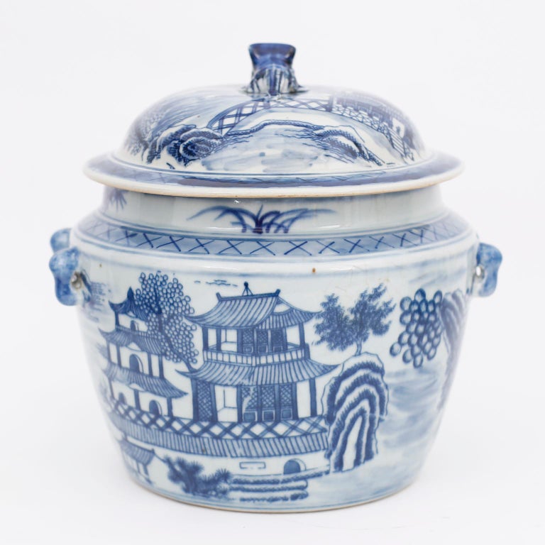 Pair of Blue and White Porcelain Pots with Pagodas For Sale at 1stDibs
