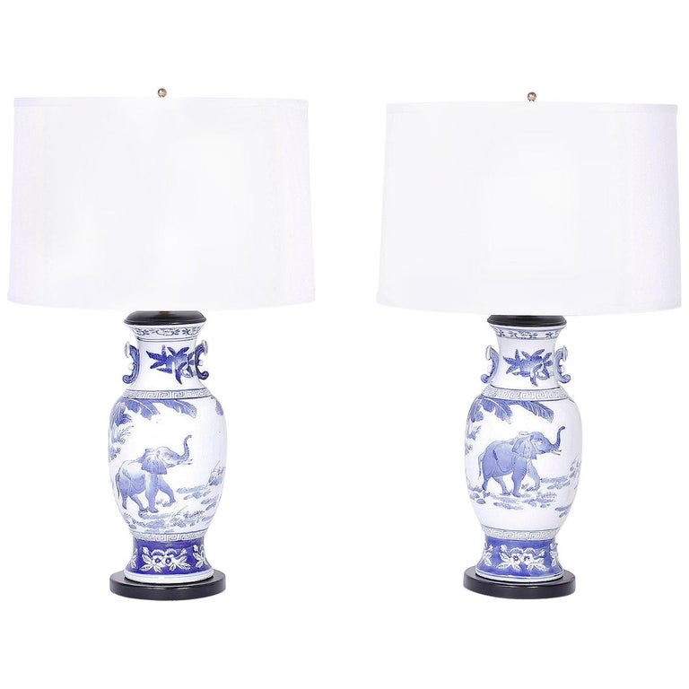 Pair of Blue and White Porcelain Table Lamps with Elephants at 1stDibs
