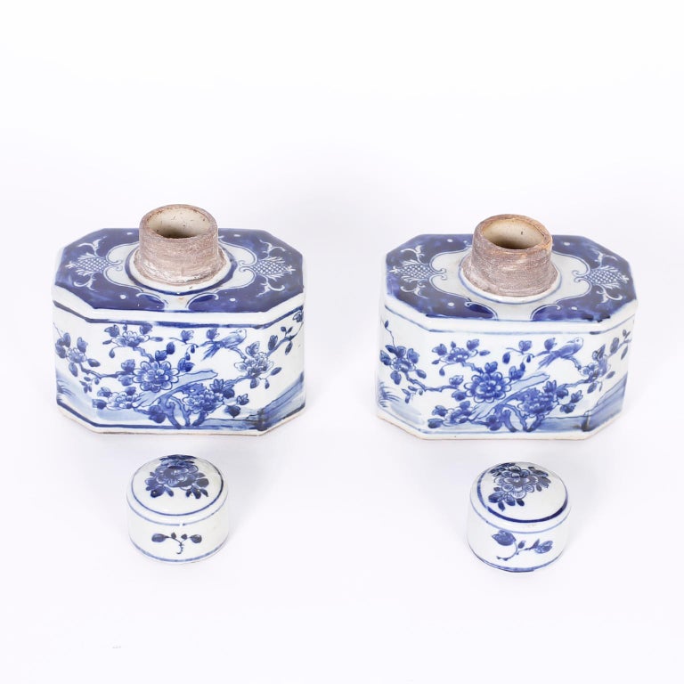 Pair of Blue and White Porcelain Tea Caddies with Flowers For Sale at ...