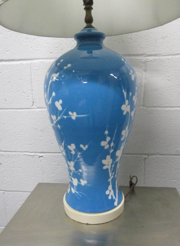 Pair of Blue Ceramic Floral Lamps For Sale at 1stDibs