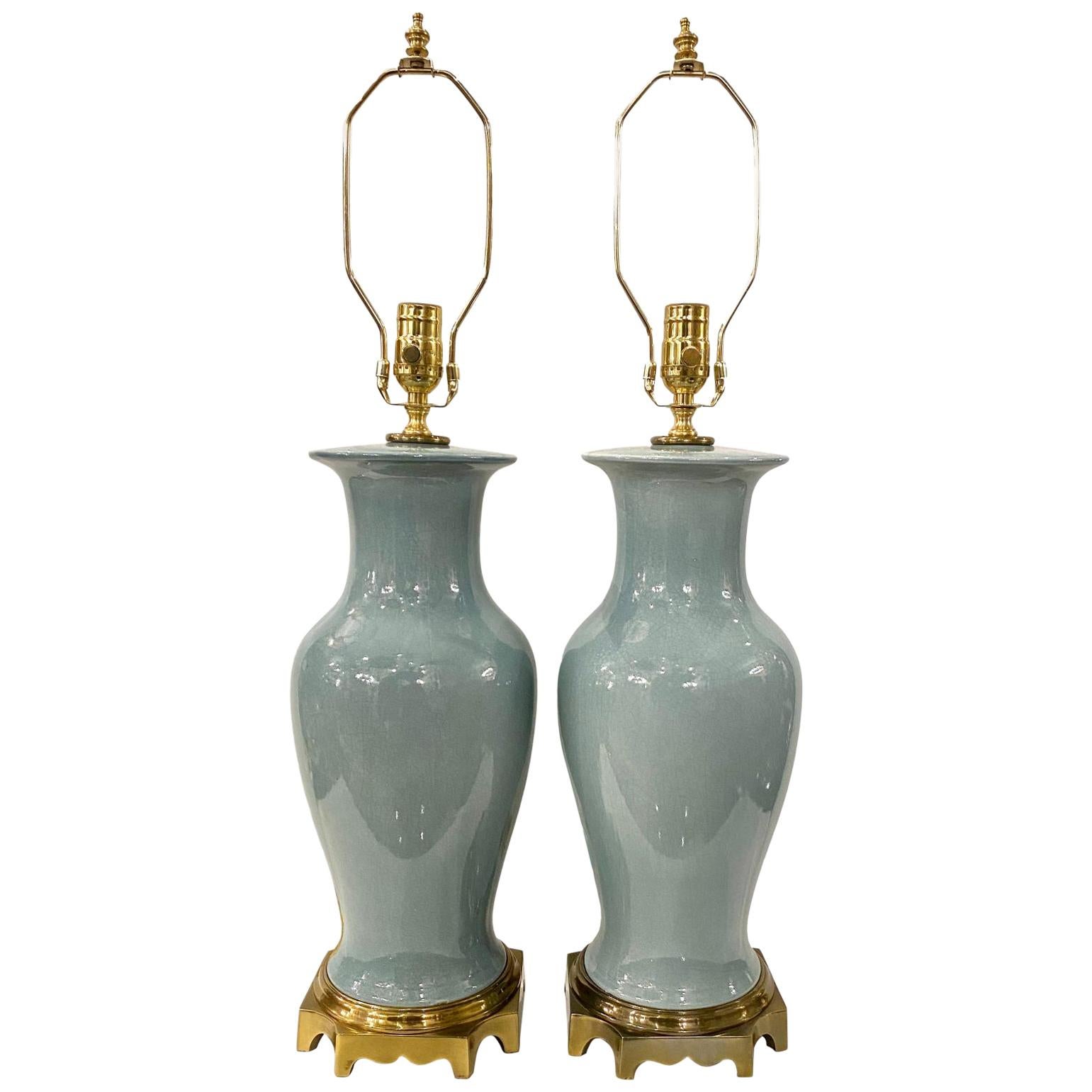 Pair of Blue Glazed Porcelain Lamps For Sale at 1stDibs