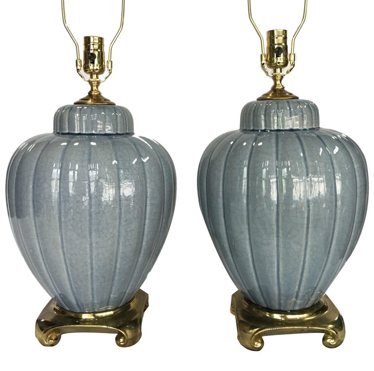 Pair of Blue-Gray Glazed Porcelain Table Lamps at 1stDibs