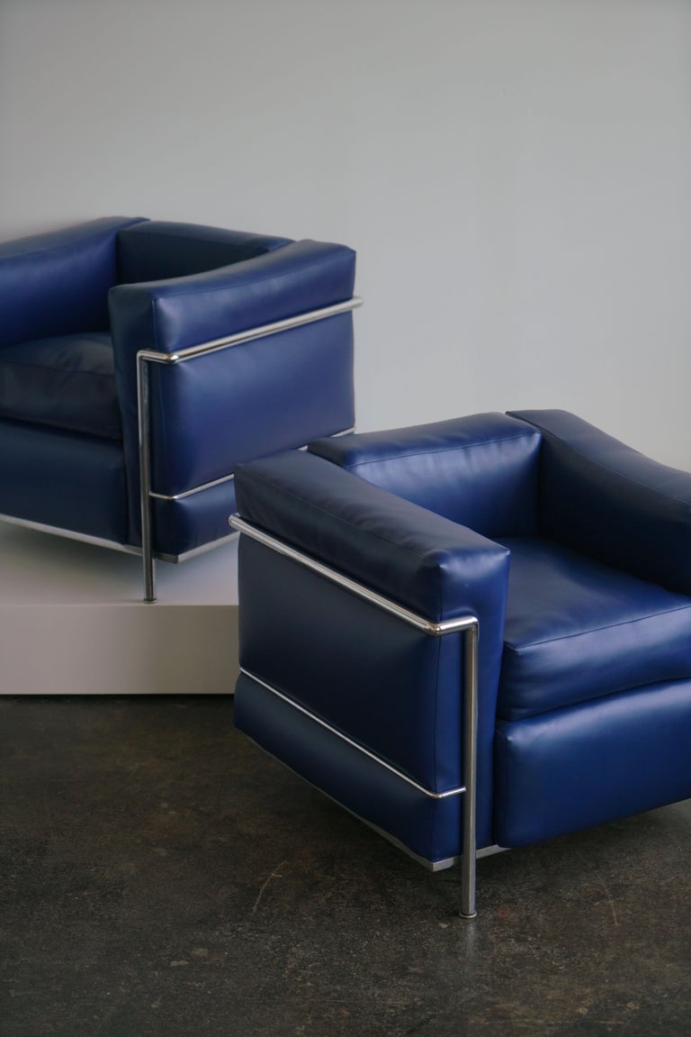 Pair of Blue Le Corbusier Lc2 Lounge Chairs for Cassina, 1960's, Qty ...