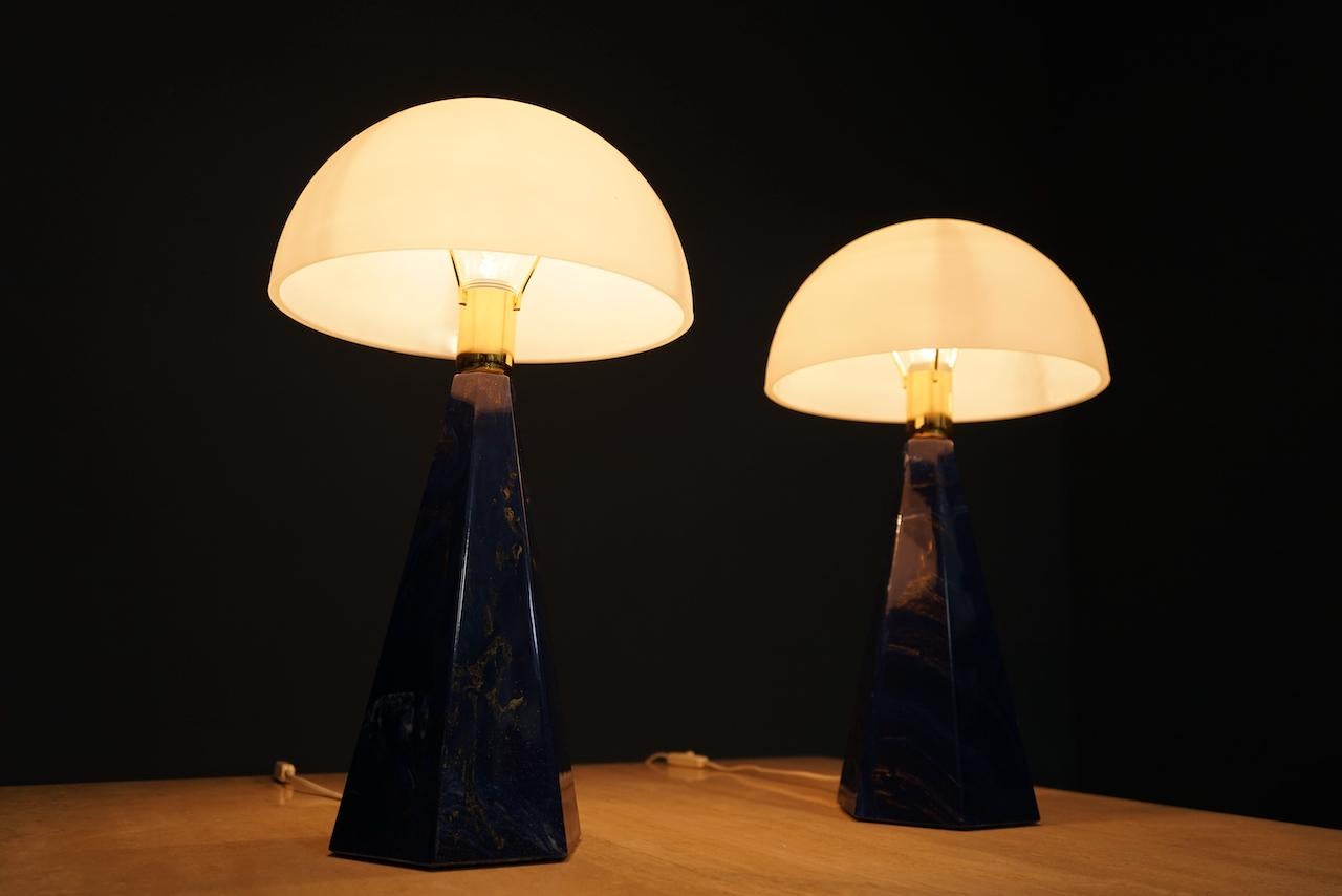 Pair of Blue Marble Table Lamps with Glass Shades, Italy, 1970s For ...