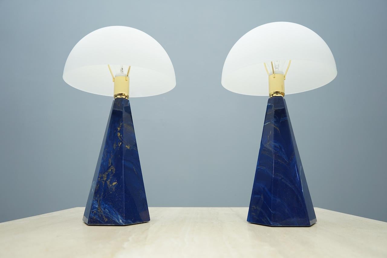 Pair of Blue Marble Table Lamps with Glass Shades, Italy, 1970s For ...