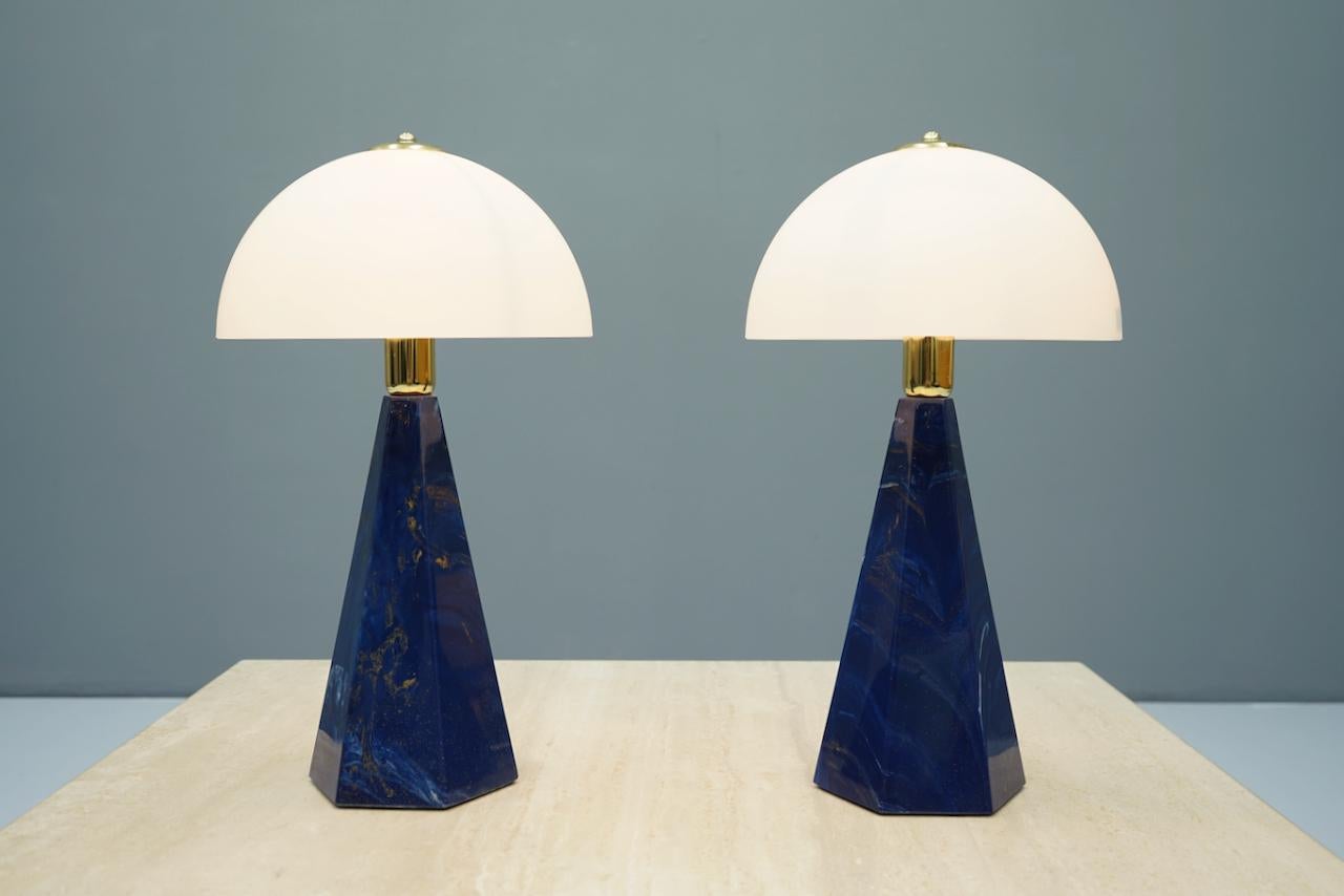 Pair of Blue Marble Table Lamps with Glass Shades, Italy, 1970s For ...