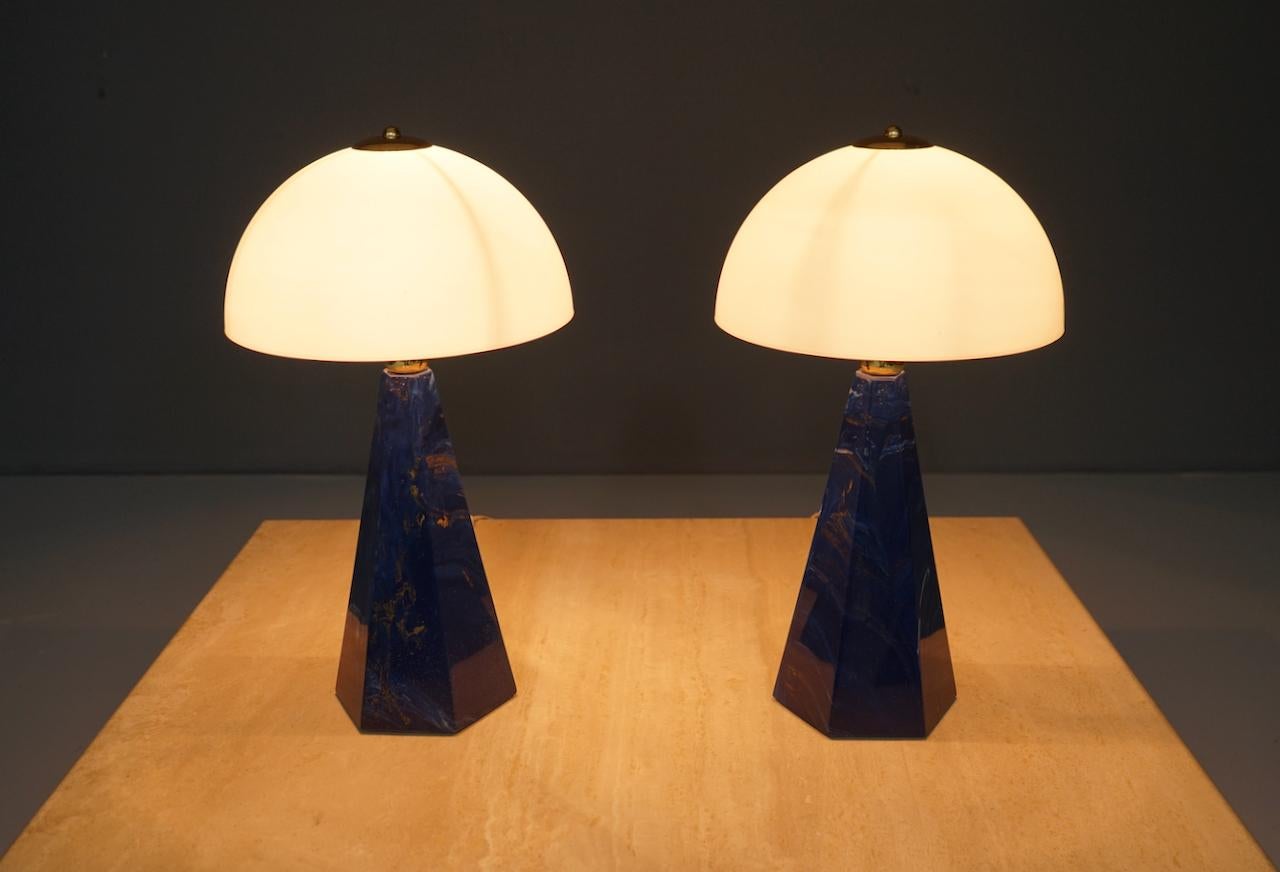 Pair of Blue Marble Table Lamps with Glass Shades, Italy, 1970s For ...