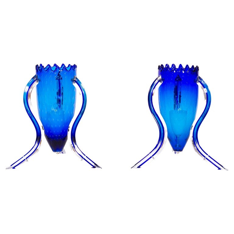Pair of Blue Murano Glass Table Lamps with Morise Decorations, Italy ...