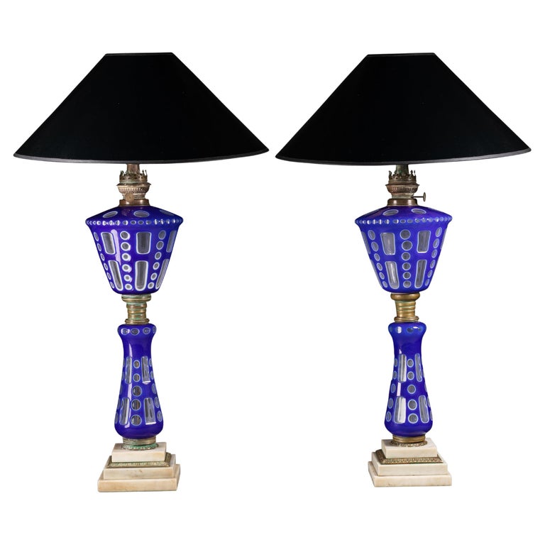 Pair of Blue Overlay Glass Lamps with Marble Base For Sale at 1stDibs