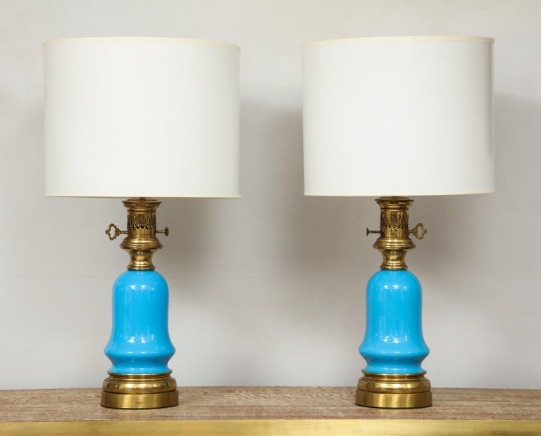 Pair of Blue Opaline Glass Lamps For Sale at 1stDibs