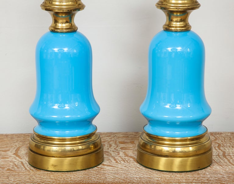 Pair of Blue Opaline Glass Lamps For Sale at 1stDibs