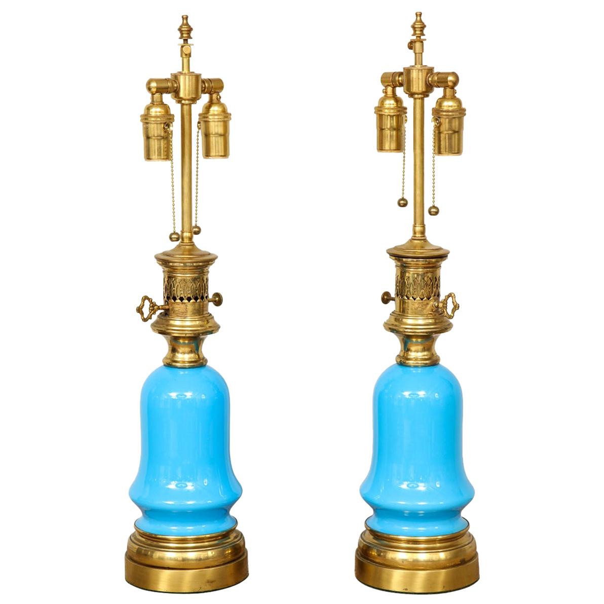 Pair of Blue Opaline Glass Lamps For Sale at 1stDibs
