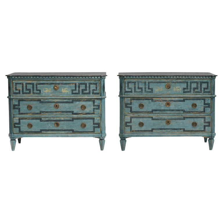 Pair of Blue Painted Gustavian Style Chest of Drawers For Sale at 1stDibs