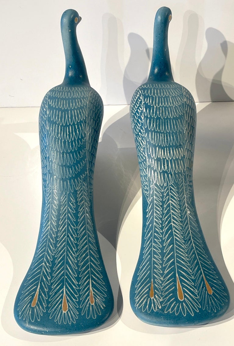 Pair of Blue Peacocks Sculptures, by Waylande Gregory For Sale at 1stDibs