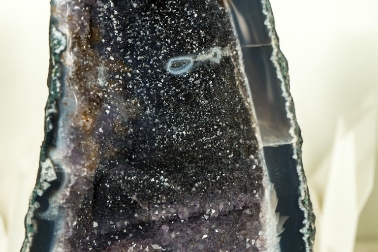 Pair of Book-Matching Natural Galaxy Amethyst Geodes with Agate Matrix ...