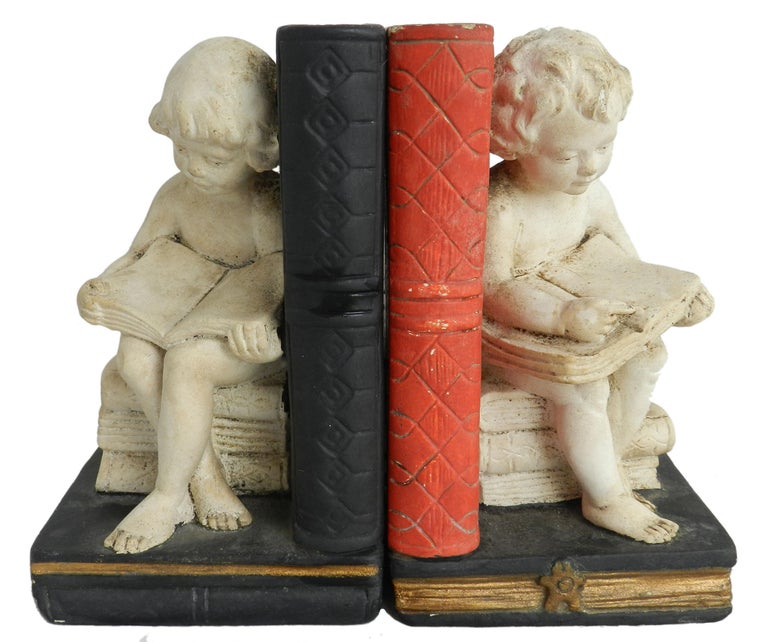 Pair of Bookends Children Girl Boy Reading Book Plaster, circa 1920 For ...