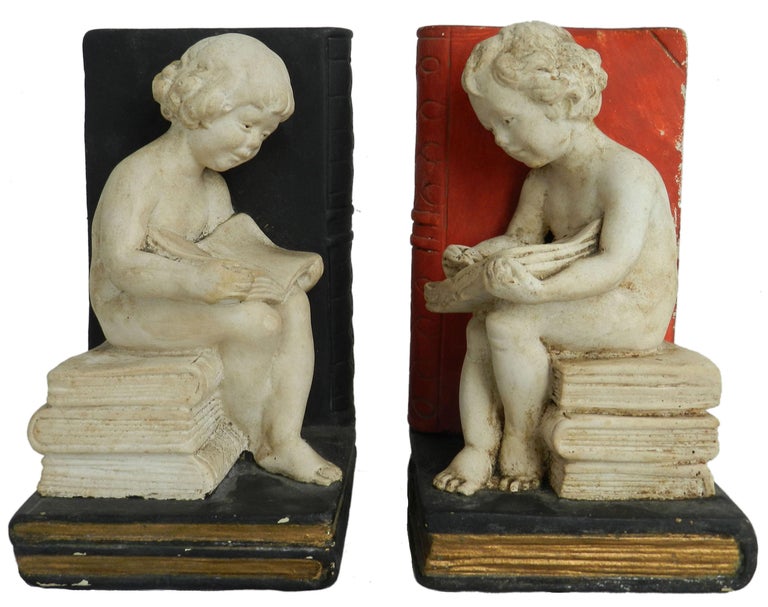 Pair of Bookends Children Girl Boy Reading Book Plaster, circa 1920 For ...