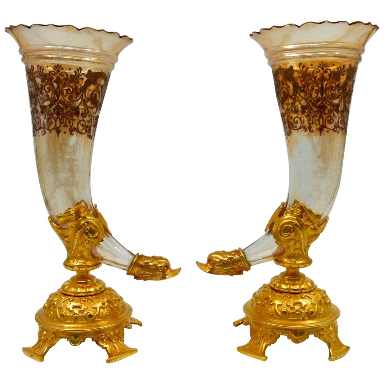 Pair of French Champlevé Enamel and Gilt Bronze Vases at 1stDibs
