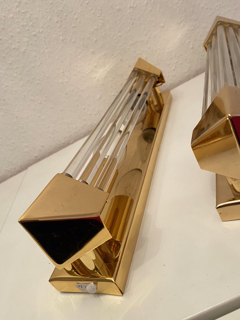 Pair of Brass and Glass Rod Wall Sconces Art Deco Style, Honsel ...