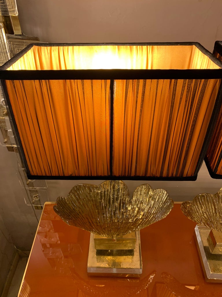 Pair of Brass and Gold Mirrored Murano Gingko Leaf Lamps with our ...