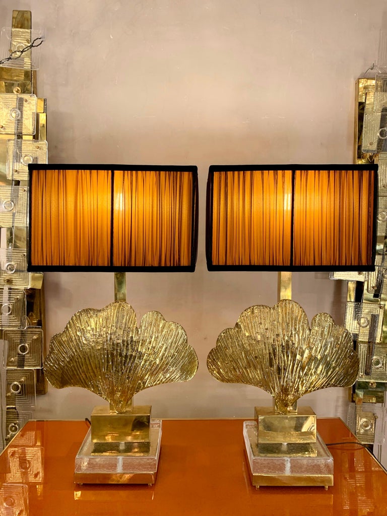 Pair of Brass and Gold Mirrored Murano Gingko Leaf Lamps with our ...