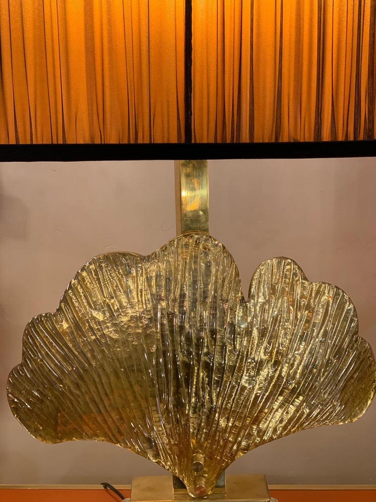 Pair of Brass and Gold Mirrored Murano Gingko Leaf Lamps with our Lampshades,80s For Sale at ...