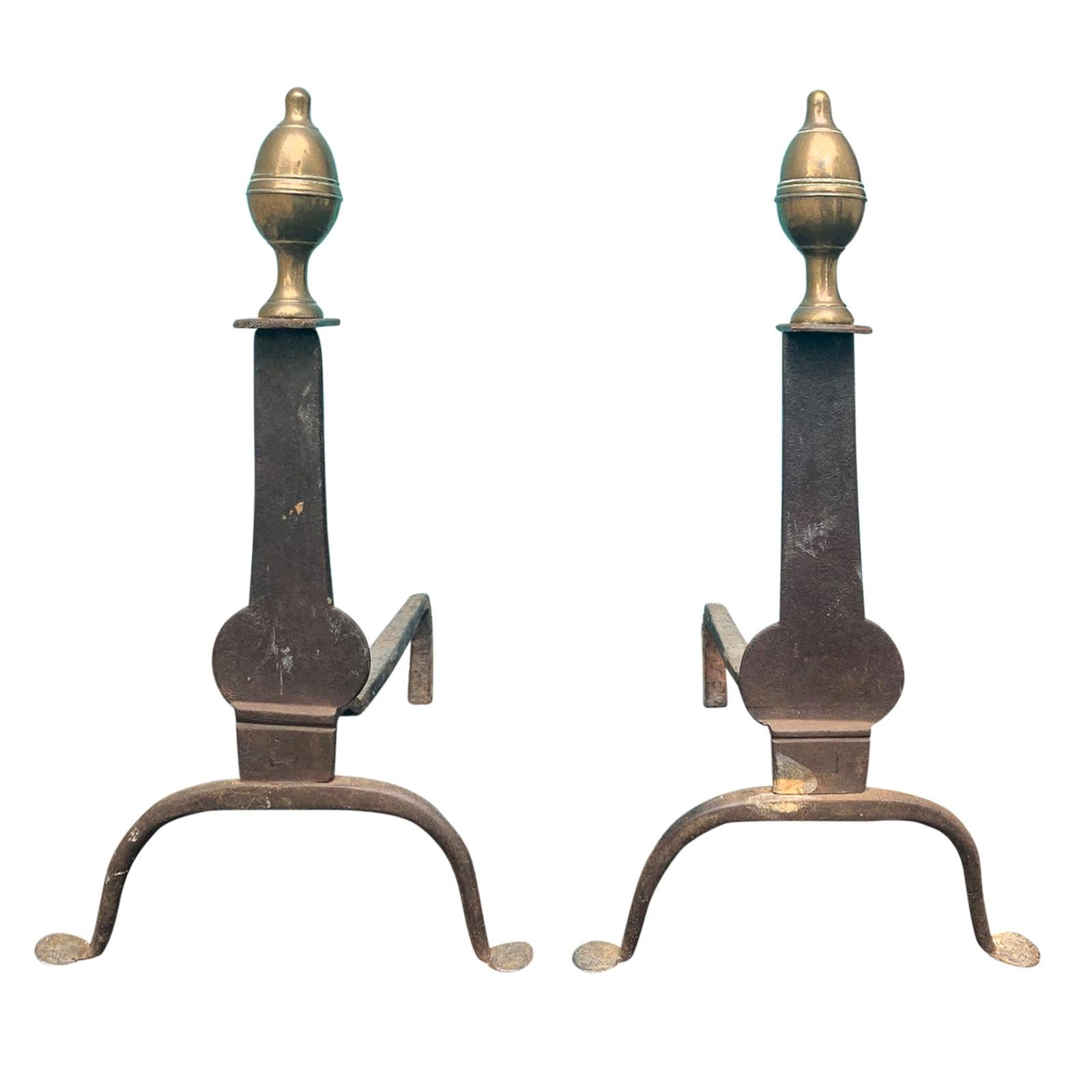 A Pair of Polished Scroll Brass Andirons For Sale at 1stDibs