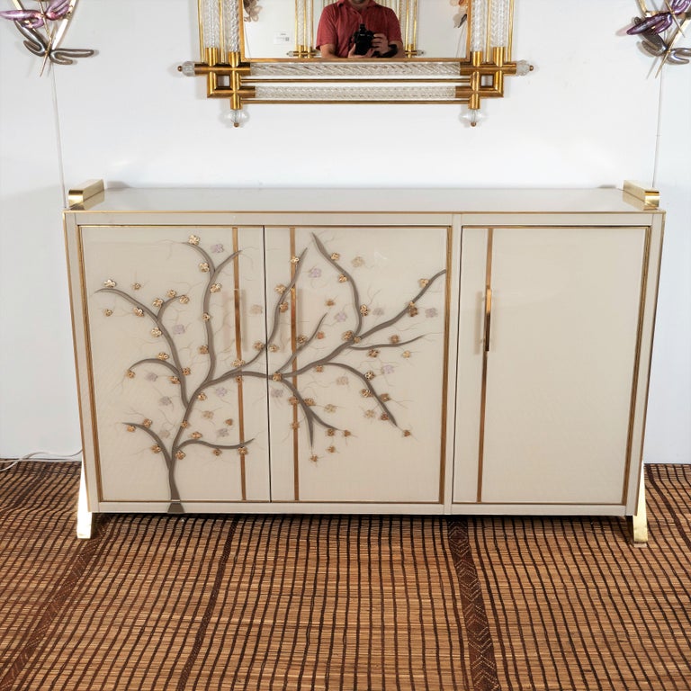 Pair of Brass and Ivory "Flowering Branches" Glass Sideboards, Italy ...