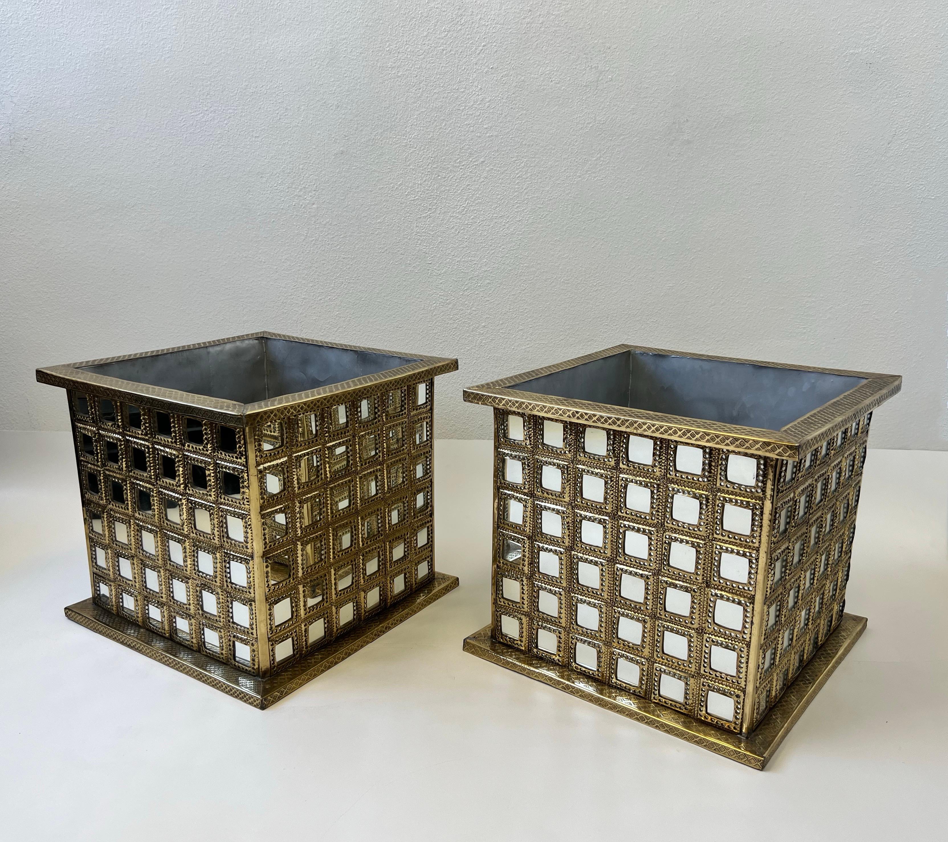 Pair of Brass and Mirror Planters by Steve Chase For Sale at 1stDibs