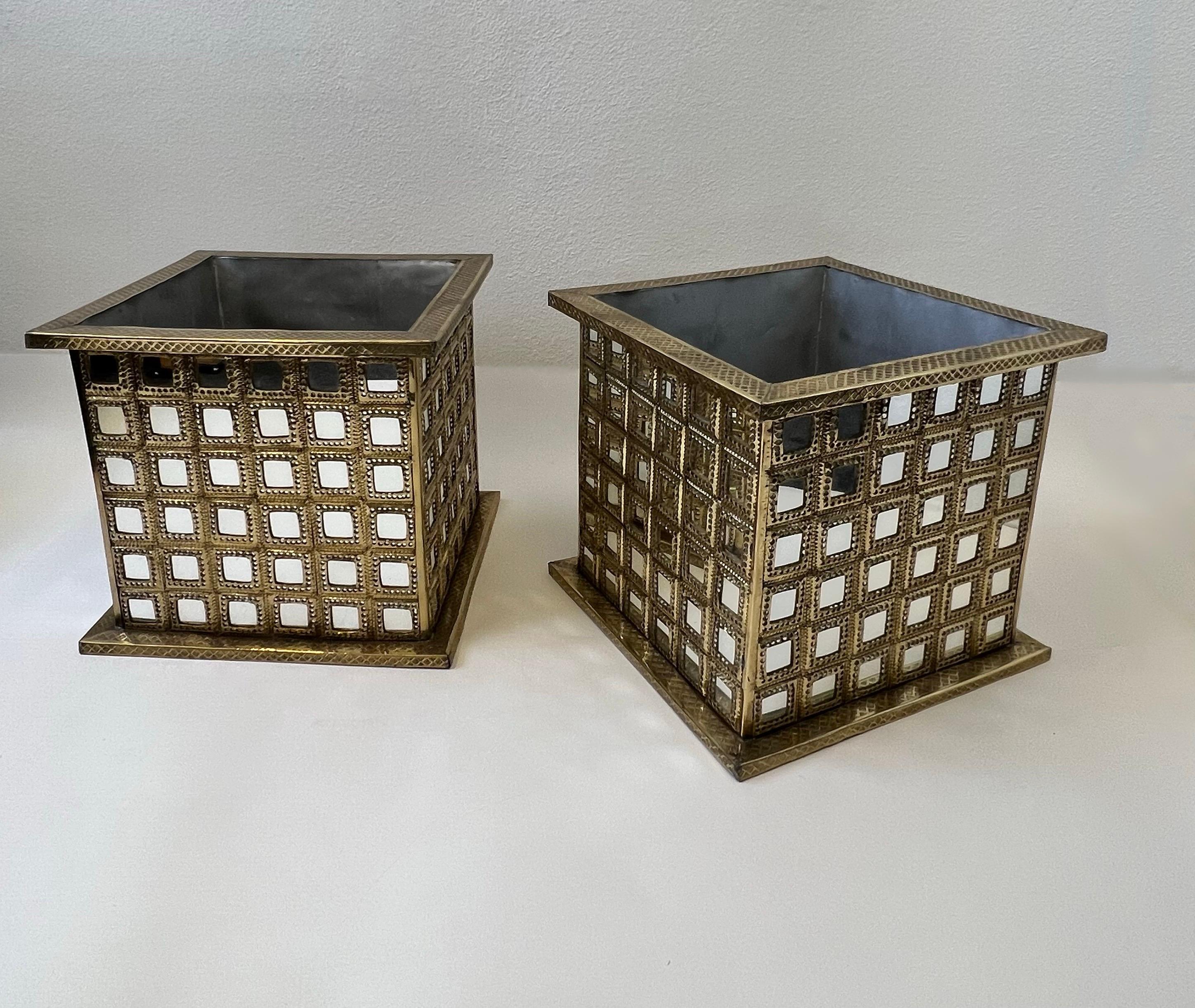 Pair of Brass and Mirror Planters by Steve Chase For Sale at 1stDibs