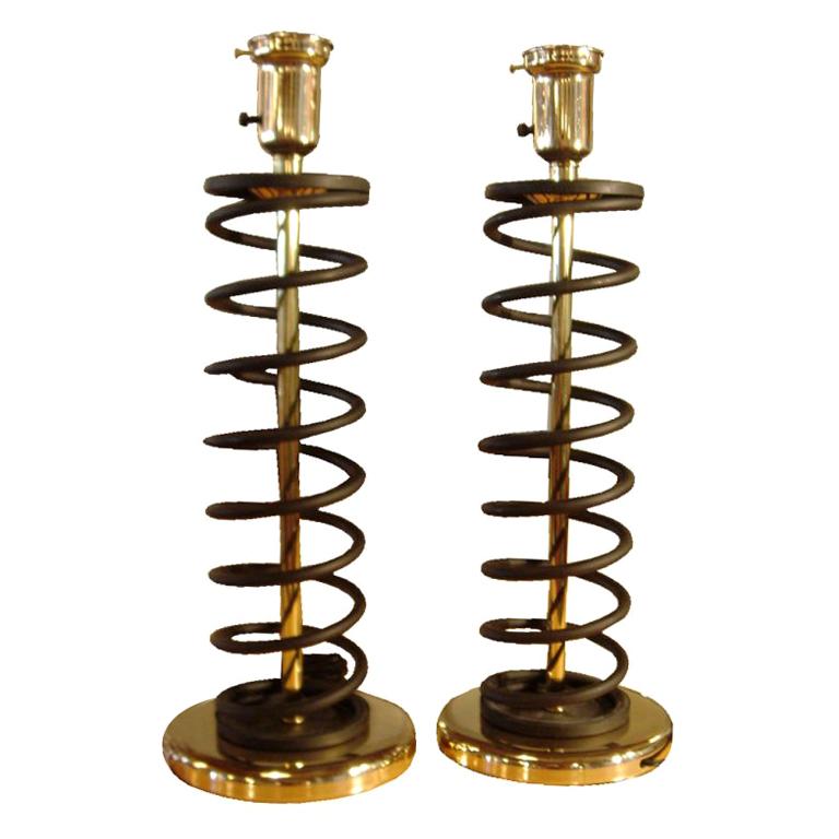 Pair of Brass and Steel Coil Spring Lamps in the Manner of Donald ...