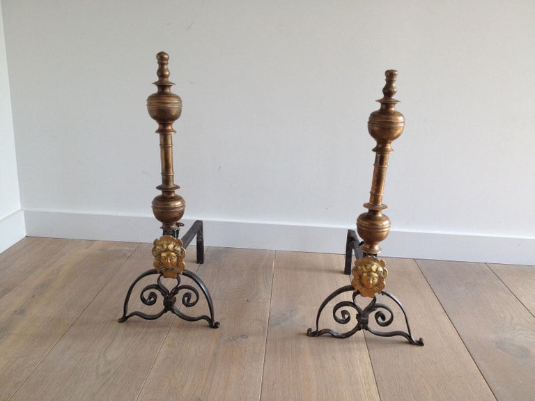 Pair of Brass and Wrought Iron "The Sun King" Andirons, 18th Century ...