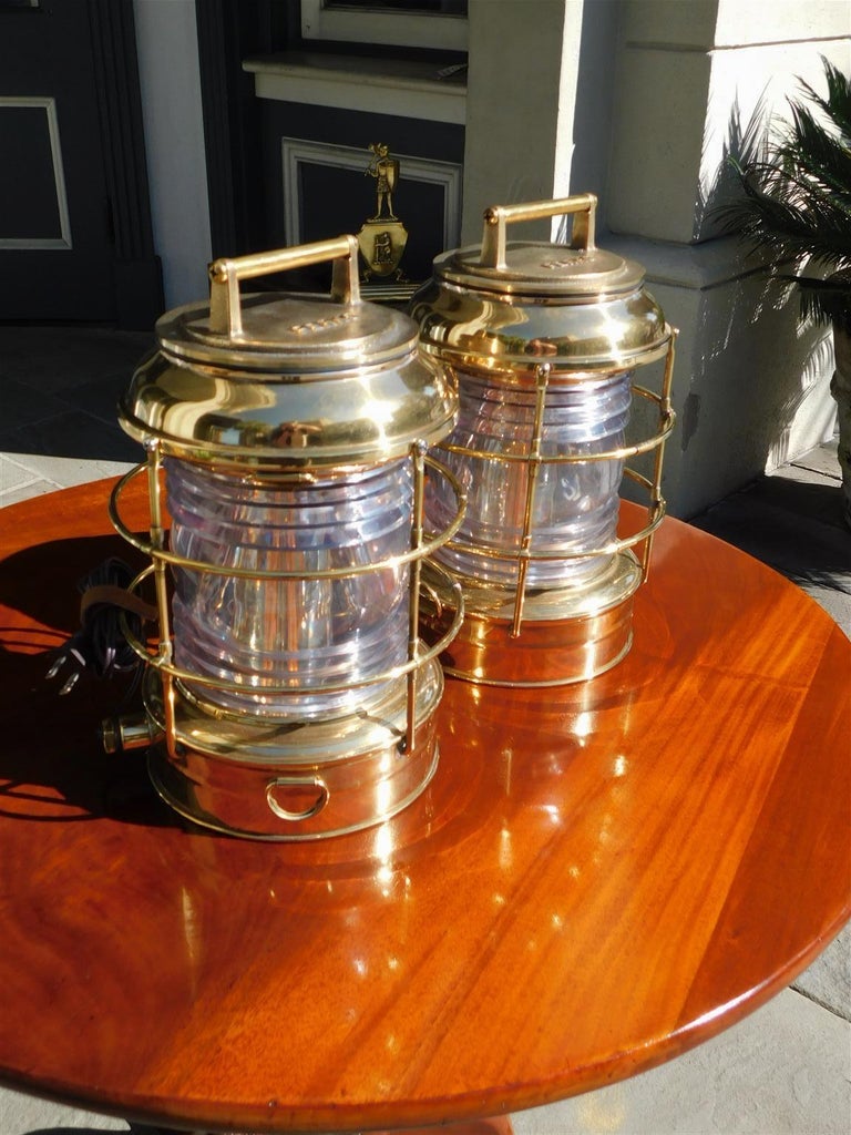 Pair of Brass Beacon Lanterns with Exterior Cages and Fresnel Lenses ...