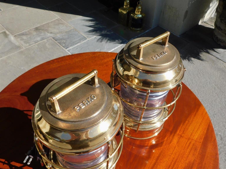 Pair of Brass Beacon Lanterns with Exterior Cages and Fresnel Lenses ...