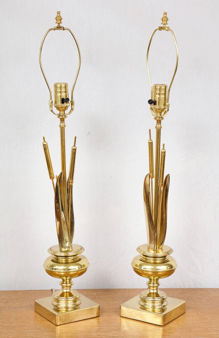 Pair of Vintage Brass Cattail Table Lamps Attributed to Maison Charles ...