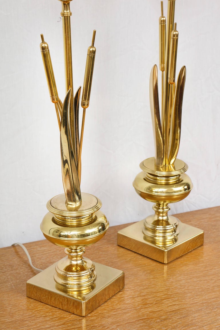 Pair of Vintage Brass Cattail Table Lamps Attributed to Maison Charles ...
