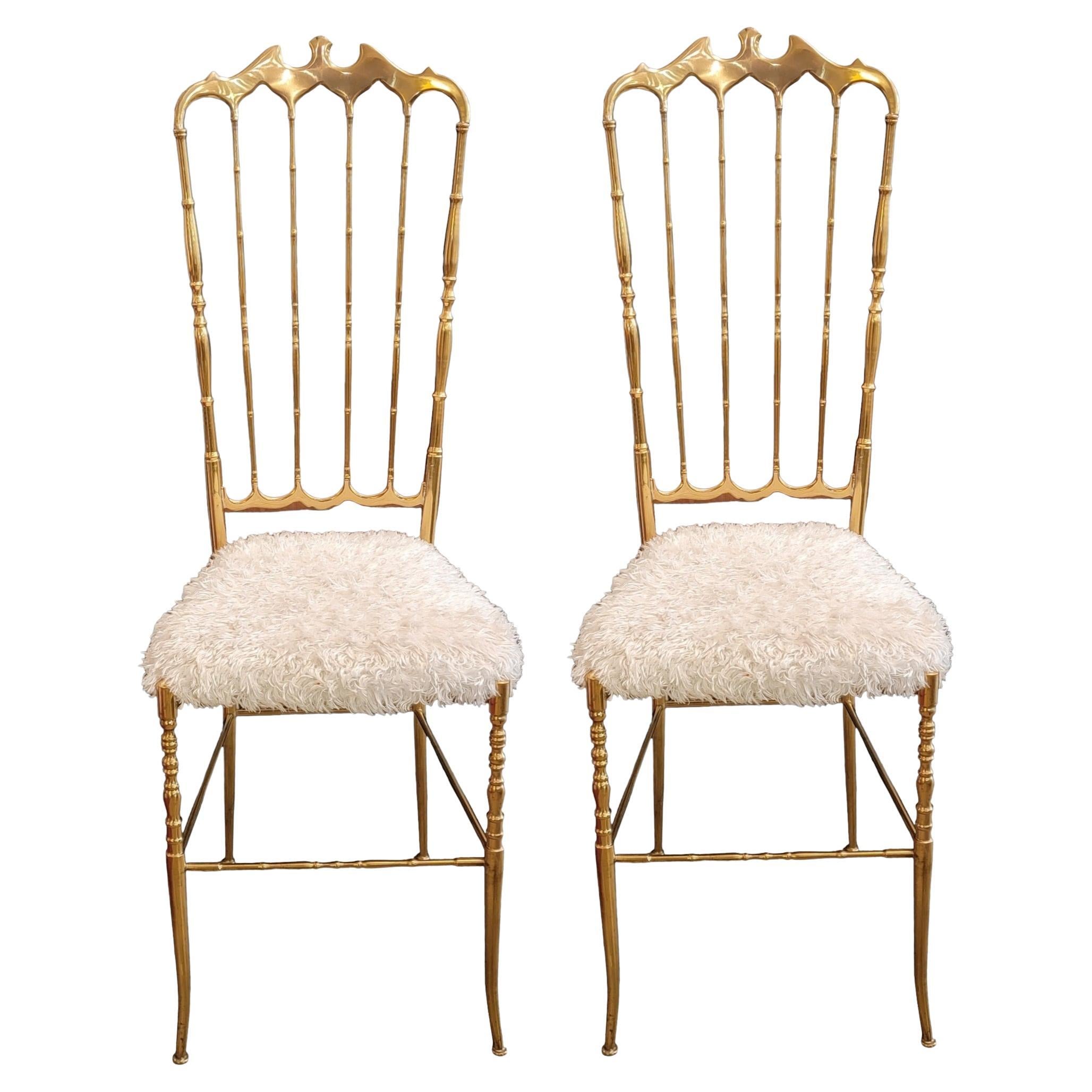 Pair of Brass Chiavari Italian Chairs with White Mohair Seats For Sale ...