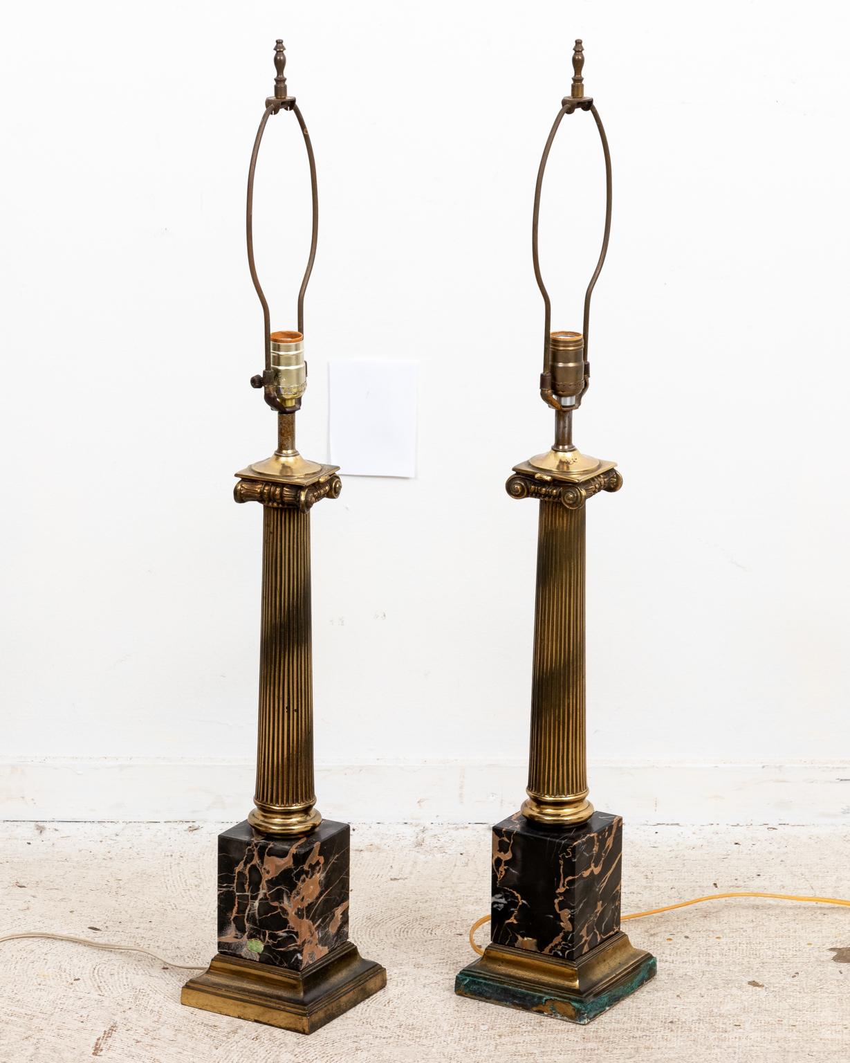 Pair of Brass Column Lamps with Marble Bases For Sale at 1stDibs