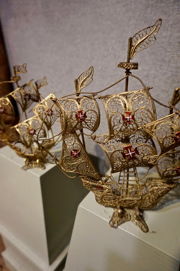Pair of Brass Filigree Memento Ships Portugal For Sale at 1stDibs