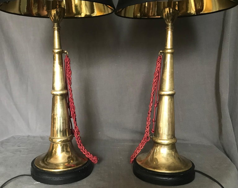 Pair of Brass French Military Bugle Lamps For Sale at 1stDibs