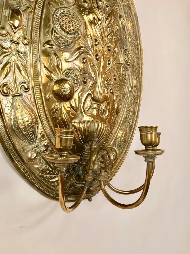 Pair of Brass Repoussé Three-Light Sconces at 1stDibs