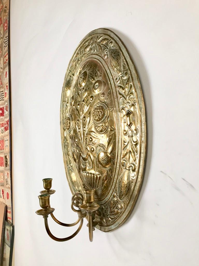 Pair of Brass Repoussé Three-Light Sconces at 1stDibs