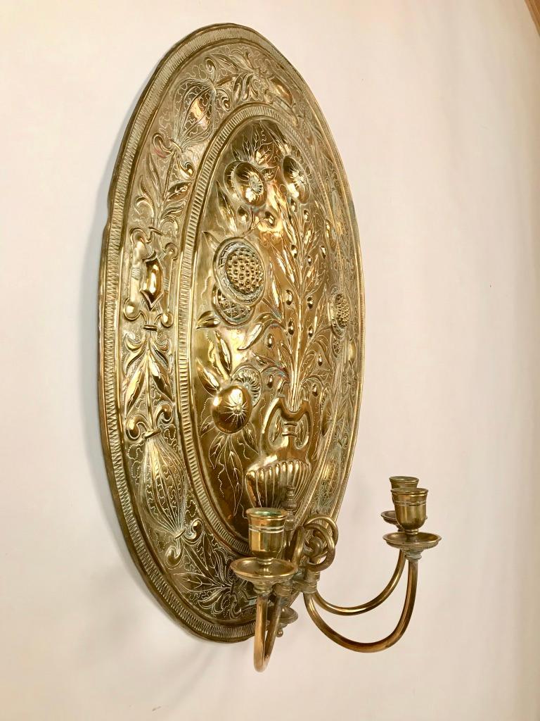 Pair of Brass Repoussé Three-Light Sconces at 1stDibs