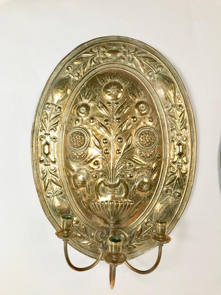 Pair of Brass Repoussé Three-Light Sconces at 1stDibs