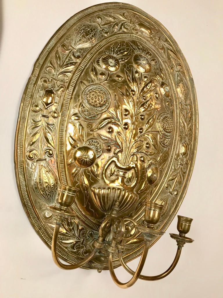Pair of Brass Repoussé Three-Light Sconces at 1stDibs