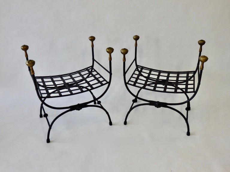 Pair of Brass Trim Forged and Wrought Iron Benches at 1stDibs