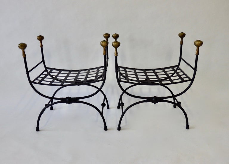 Pair of Brass Trim Forged and Wrought Iron Benches at 1stDibs