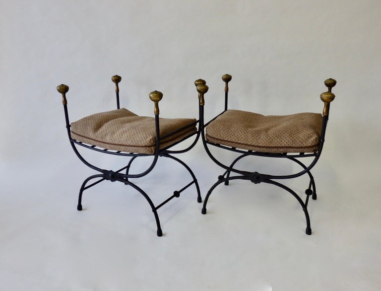 Pair of Brass Trim Forged and Wrought Iron Benches at 1stDibs