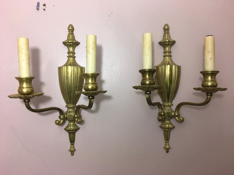 Pair of Brass Two-Light Urn and Finial Top Sconces, 20th Century For ...